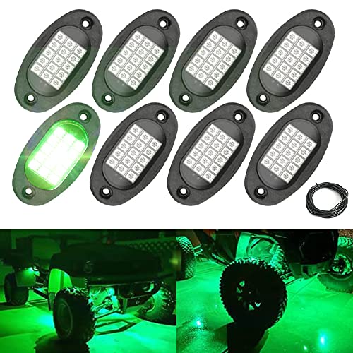 Winunite 8 Pods Green LED Rock Lights with 32-4/5Ft Extension Wires, Waterproof Off Road Truck Car ATV SUV Motorcycle Under Body Glow Light Trail Fender Lighting Rock Light