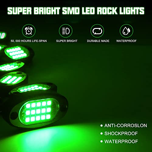 Winunite 8 Pods Green LED Rock Lights with 32-4/5Ft Extension Wires, Waterproof Off Road Truck Car ATV SUV Motorcycle Under Body Glow Light Trail Fender Lighting Rock Light