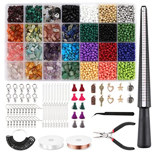 4000+ Crystal Natural Stone Beads for Jewelry Making with Irregular Chip Beads and 4MM Glass Seed Beads, Ring Making Kit with Gemstone Beads Charms Tassels Jewelry Wire Pliers Ring Measuring Tools