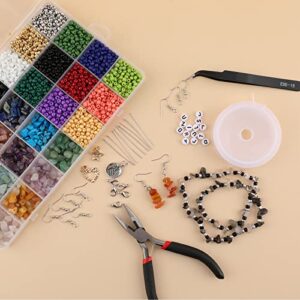 4000+ Crystal Natural Stone Beads for Jewelry Making with Irregular Chip Beads and 4MM Glass Seed Beads, Ring Making Kit with Gemstone Beads Charms Tassels Jewelry Wire Pliers Ring Measuring Tools