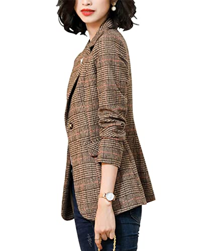 ebossy Women's Notch Lapel 2 Button Boyfriend Blazer Suit Houndstooth Plaid Jacket Coat (Medium, X-Brown)