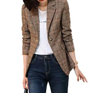 ebossy Women's Notch Lapel 2 Button Boyfriend Blazer Suit Houndstooth Plaid Jacket Coat (Medium, X-Brown)