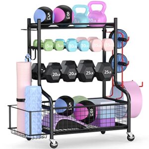 plkow dumbbell weight rack, home gym storage for kettlebells yoga mat and balls, all in one workout storage with wheels and hooks, powder coated finish steel