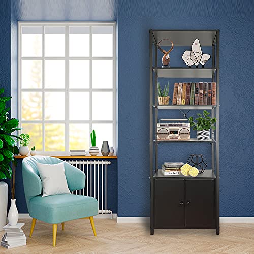 Jahof 5-Layer Industrial Bookshelf, Bookcase with 2 Doors, Standing Storage Cabinet for Living Room, Home Office, Bedroom, Washroom, Kitchen (5-Tier, Black)