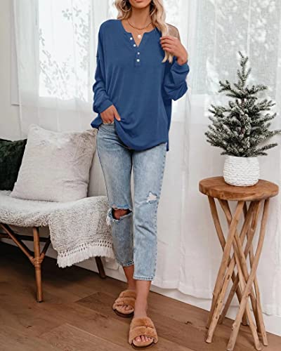 REVETRO Womens V Neck Henley Shirts Long Sleeve Sweatshirts Causal Pullover Button Down Tunic Tops Blue Small