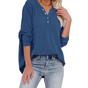 REVETRO Womens V Neck Henley Shirts Long Sleeve Sweatshirts Causal Pullover Button Down Tunic Tops Blue Small