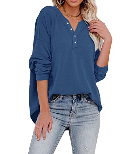 REVETRO Womens V Neck Henley Shirts Long Sleeve Sweatshirts Causal Pullover Button Down Tunic Tops Blue Small