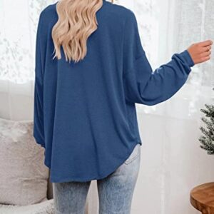 REVETRO Womens V Neck Henley Shirts Long Sleeve Sweatshirts Causal Pullover Button Down Tunic Tops Blue Small