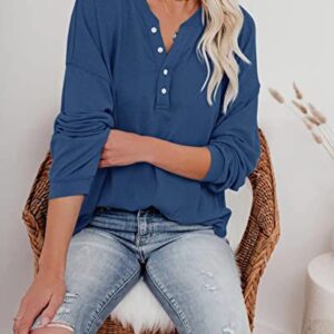 REVETRO Womens V Neck Henley Shirts Long Sleeve Sweatshirts Causal Pullover Button Down Tunic Tops Blue Small