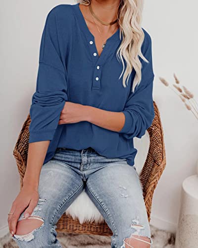 REVETRO Womens V Neck Henley Shirts Long Sleeve Sweatshirts Causal Pullover Button Down Tunic Tops Blue Small