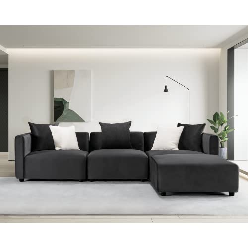 Acanva Convertible L-Shaped Modular Sectional Sofa with Reversible Chaise, Soft Velvet Fabric Padded Upholstered Couch for Living Room Apartment, 1-Seater Right Arm, Black