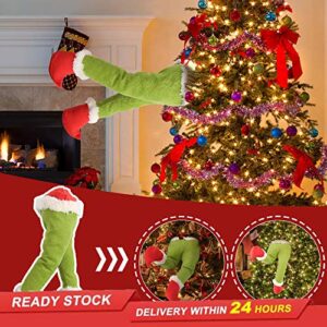 Christmas Elf Body Tree Decorations,Elf Head and Arms for Christmas Tree, Stole Christmas Elf Stuffed Leg Stuck Tree Topper Garland Ornaments Burlap Pose-able Plush Legs for Tree Ornaments