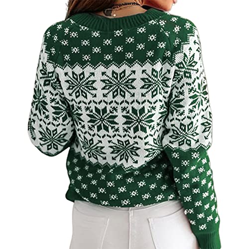 ZAFUL Women's Christmas Reindeer Xmas Snowflake Patterns Knitted Sweater Long Sleeve Elk Floral Printed Pullover Green