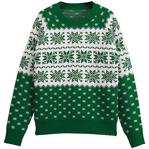 ZAFUL Women's Christmas Reindeer Xmas Snowflake Patterns Knitted Sweater Long Sleeve Elk Floral Printed Pullover Green