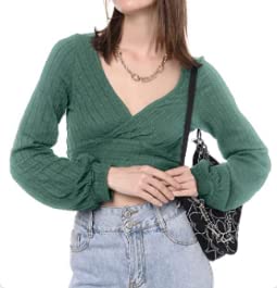 ZAFUL Women V Neck Satin Pleated Top Lantern Sleeve Drawstring Ruched Tunic Shirt Slim Crop Blouse