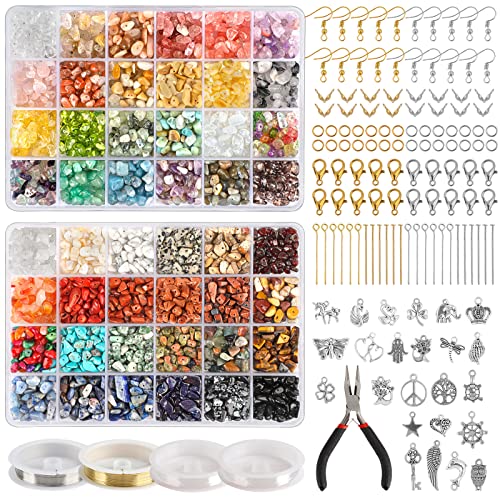 Quefe 2360pcs 48 Colors Crystals Beads for Ring Making Kit, Gemstone Chip Irregular Natural Stone with Jewelry Making Supplies for DIY Craft Necklace Bracelet Earrings