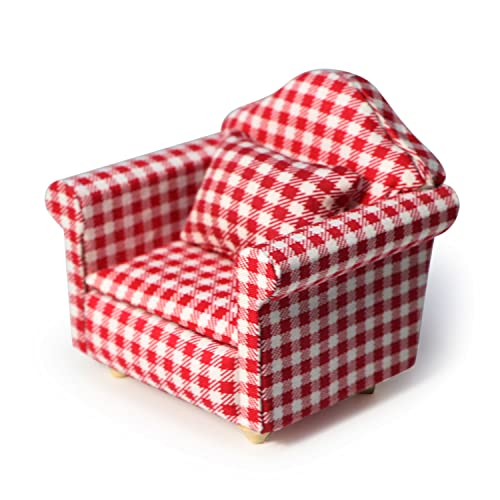 Dollhouse Couch with Pillow 1 12 Scale Miniature Sofa Arm Chair Living Room Furniture Wooden Fabric Frame Single Reading Chair Artificial House Room Scene Decoration (Plaid)