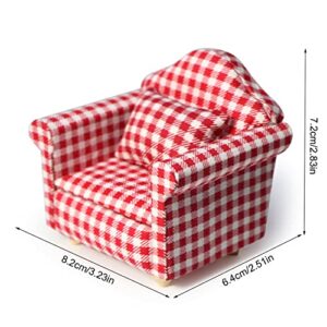 Dollhouse Couch with Pillow 1 12 Scale Miniature Sofa Arm Chair Living Room Furniture Wooden Fabric Frame Single Reading Chair Artificial House Room Scene Decoration (Plaid)