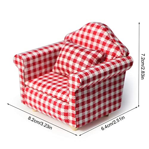 Dollhouse Couch with Pillow 1 12 Scale Miniature Sofa Arm Chair Living Room Furniture Wooden Fabric Frame Single Reading Chair Artificial House Room Scene Decoration (Plaid)