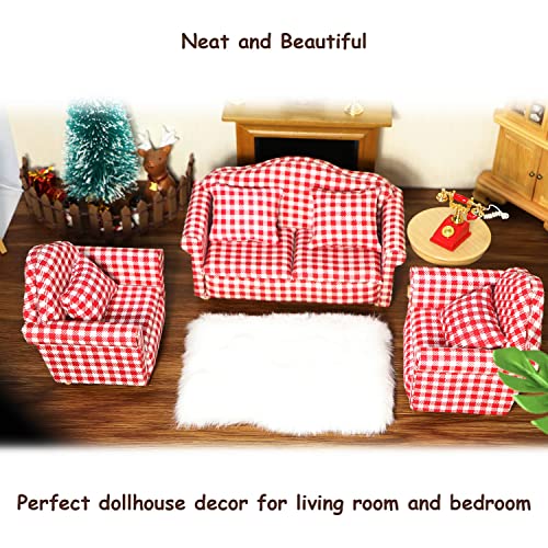 Dollhouse Couch with Pillow 1 12 Scale Miniature Sofa Arm Chair Living Room Furniture Wooden Fabric Frame Single Reading Chair Artificial House Room Scene Decoration (Plaid)