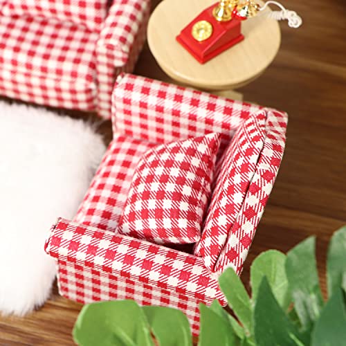 Dollhouse Couch with Pillow 1 12 Scale Miniature Sofa Arm Chair Living Room Furniture Wooden Fabric Frame Single Reading Chair Artificial House Room Scene Decoration (Plaid)