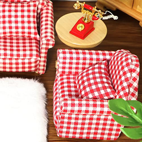 Dollhouse Couch with Pillow 1 12 Scale Miniature Sofa Arm Chair Living Room Furniture Wooden Fabric Frame Single Reading Chair Artificial House Room Scene Decoration (Plaid)