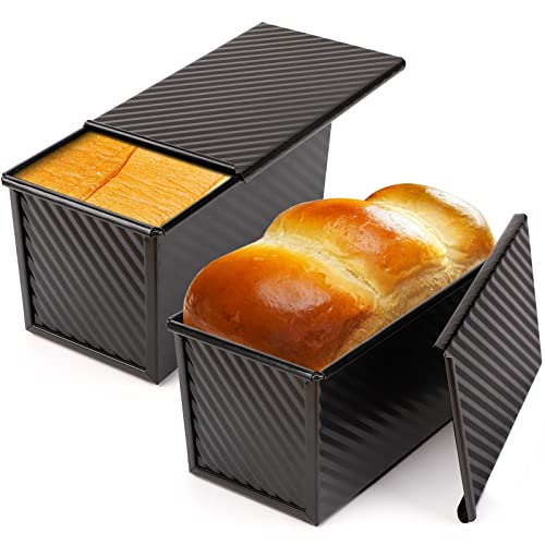 Beasea Pullman Loaf Pan 2 Pack, 1 lb Non-Stick Black Bread Pan with Lid Carbon Steel Corrugated Bread Toast Box Mold with Cover for Bakeware Bread, Baking Tools Bread Mold Toast for Oven Baking