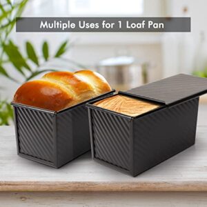 Beasea Pullman Loaf Pan 2 Pack, 1 lb Non-Stick Black Bread Pan with Lid Carbon Steel Corrugated Bread Toast Box Mold with Cover for Bakeware Bread, Baking Tools Bread Mold Toast for Oven Baking