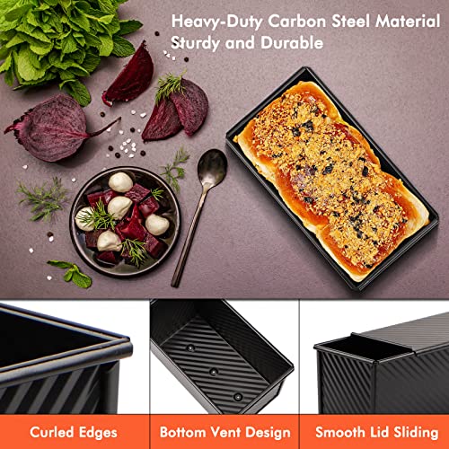 Beasea Pullman Loaf Pan 2 Pack, 1 lb Non-Stick Black Bread Pan with Lid Carbon Steel Corrugated Bread Toast Box Mold with Cover for Bakeware Bread, Baking Tools Bread Mold Toast for Oven Baking