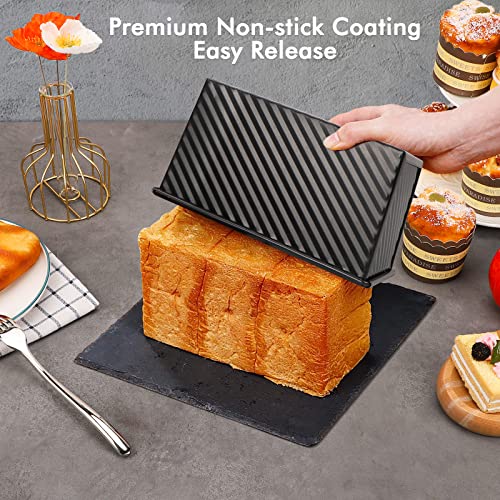 Beasea Pullman Loaf Pan 2 Pack, 1 lb Non-Stick Black Bread Pan with Lid Carbon Steel Corrugated Bread Toast Box Mold with Cover for Bakeware Bread, Baking Tools Bread Mold Toast for Oven Baking