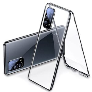 quietip compatible oppo reno 6 pro+ plus 5g case clear,magnetic thin body metal frame double-sided transparent tempered glass case with built-in screen lens protect,black