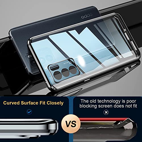 QUIETIP Compatible Oppo Reno 6 Pro+ Plus 5G Case Clear,Magnetic Thin Body Metal Frame Double-Sided Transparent Tempered Glass Case with Built-in Screen Lens Protect,Black