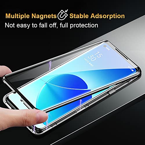 QUIETIP Compatible Oppo Reno 6 Pro+ Plus 5G Case Clear,Magnetic Thin Body Metal Frame Double-Sided Transparent Tempered Glass Case with Built-in Screen Lens Protect,Black