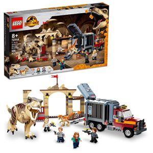 lego jurassic world t. rex & atrociraptor dinosaur breakout 76948 dino toy set, gift toys for kids age 8 plus with 4 minifigures, market and truck, 2022 movie inspired