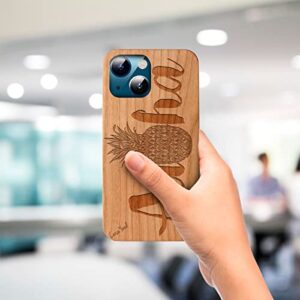 CaseYard Wood Phone case for iPhone 13 Mini Laser Engraved Aloha Pineapple Design Cherry Wood Compatible iPhone case Protective Shockproof Slim fit Cell Phone Cover for Men & Women