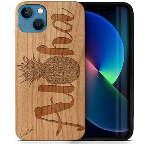 CaseYard Wood Phone case for iPhone 13 Mini Laser Engraved Aloha Pineapple Design Cherry Wood Compatible iPhone case Protective Shockproof Slim fit Cell Phone Cover for Men & Women