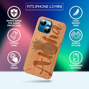 CaseYard Wood Phone case for iPhone 13 Mini Laser Engraved Aloha Pineapple Design Cherry Wood Compatible iPhone case Protective Shockproof Slim fit Cell Phone Cover for Men & Women