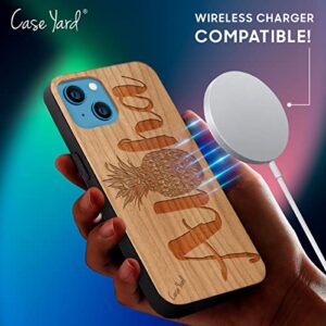 CaseYard Wood Phone case for iPhone 13 Mini Laser Engraved Aloha Pineapple Design Cherry Wood Compatible iPhone case Protective Shockproof Slim fit Cell Phone Cover for Men & Women