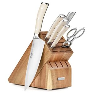 wusthof classic ikon creme 7 piece knife set with acacia wood block