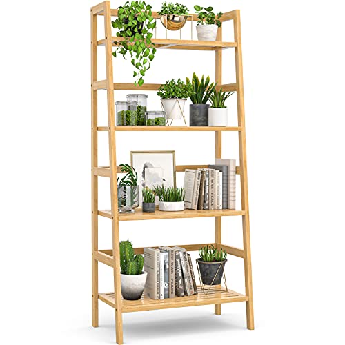 Homykic Ladder Bookshelf, 4-Tier Bamboo Ladder Shelf 49.2” Book Shelf Bookcase Floor Freestanding Bathroom Storage Rack Plant Stand for Small Space, Bedroom, Living Room, Easy to Assemble, Natural