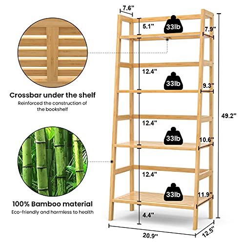 Homykic Ladder Bookshelf, 4-Tier Bamboo Ladder Shelf 49.2” Book Shelf Bookcase Floor Freestanding Bathroom Storage Rack Plant Stand for Small Space, Bedroom, Living Room, Easy to Assemble, Natural