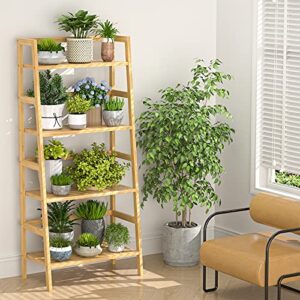 Homykic Ladder Bookshelf, 4-Tier Bamboo Ladder Shelf 49.2” Book Shelf Bookcase Floor Freestanding Bathroom Storage Rack Plant Stand for Small Space, Bedroom, Living Room, Easy to Assemble, Natural