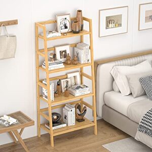 Homykic Ladder Bookshelf, 4-Tier Bamboo Ladder Shelf 49.2” Book Shelf Bookcase Floor Freestanding Bathroom Storage Rack Plant Stand for Small Space, Bedroom, Living Room, Easy to Assemble, Natural