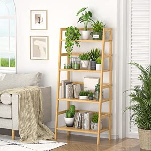 Homykic Ladder Bookshelf, 4-Tier Bamboo Ladder Shelf 49.2” Book Shelf Bookcase Floor Freestanding Bathroom Storage Rack Plant Stand for Small Space, Bedroom, Living Room, Easy to Assemble, Natural