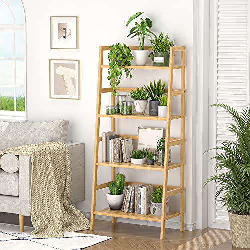 Homykic Ladder Bookshelf, 4-Tier Bamboo Ladder Shelf 49.2” Book Shelf Bookcase Floor Freestanding Bathroom Storage Rack Plant Stand for Small Space, Bedroom, Living Room, Easy to Assemble, Natural