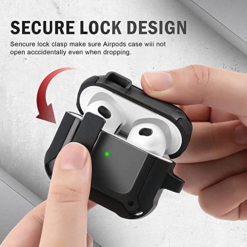 Valkit Airpod 3rd Generation Case 2021 Secure Lock Clip Case Apple AirPod 3 Case Cover Military Armor Series Full-Body Rugged Hard Shell for Men Women with Keychain Carabiner,Wireless Charging (Black)