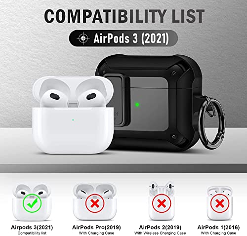 Valkit Airpod 3rd Generation Case 2021 Secure Lock Clip Case Apple AirPod 3 Case Cover Military Armor Series Full-Body Rugged Hard Shell for Men Women with Keychain Carabiner,Wireless Charging (Black)