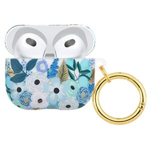 Rifle Paper Co. AirPods 3rd Generation Case with Keychain [Wireless Charging Compatible] [Visible LED] Protective Case for AirPods 3 with Floral Design, Anti Scratch, Shockproof - Garden Party Blue