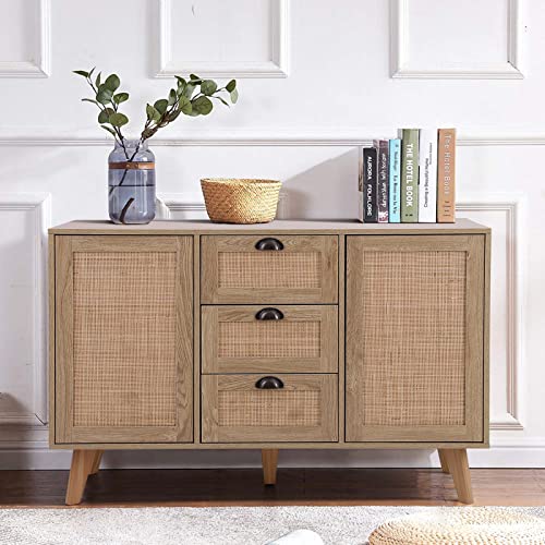 Sophia & William Buffet Sideboard, Rattan Storage Cabinet with 3 Drawers and 2 Doors, Cupboard Console Table with Adjustable Shelves for Kitchen, Dining Room, Living Room, Entryway