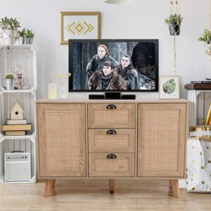 Sophia & William Buffet Sideboard, Rattan Storage Cabinet with 3 Drawers and 2 Doors, Cupboard Console Table with Adjustable Shelves for Kitchen, Dining Room, Living Room, Entryway